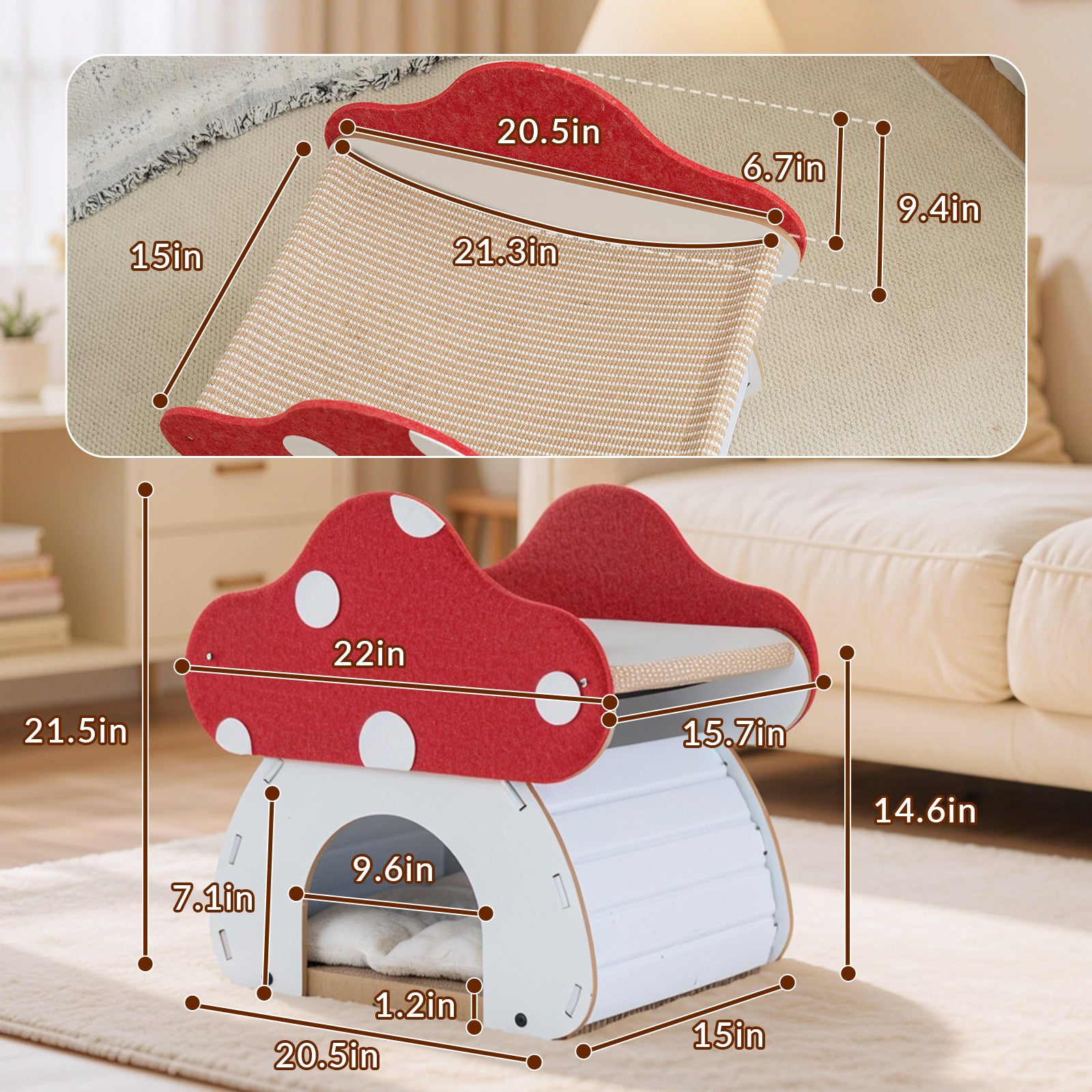 Mushroom Loft – Cat Bed & Scratcher Combo – Happy & Polly